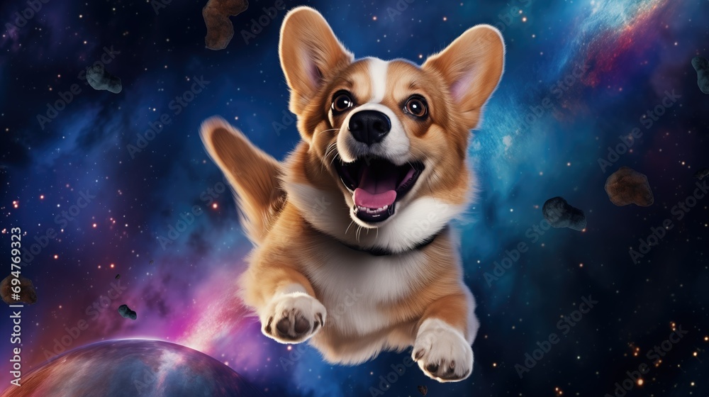 Fluffy white dog with bright eyes floating in zero-gravity, surrounded ...