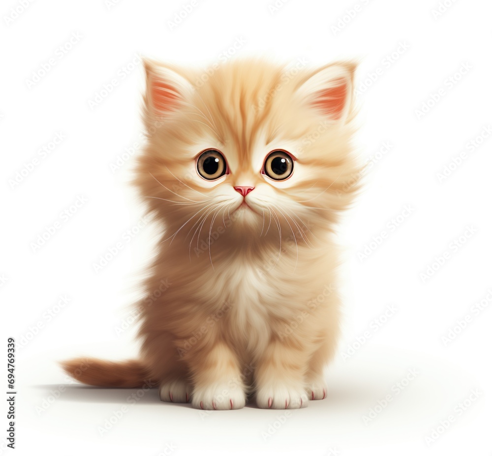 Fluffy orange kitten with blue eyes, soft velvety fur, curled tail, and ...