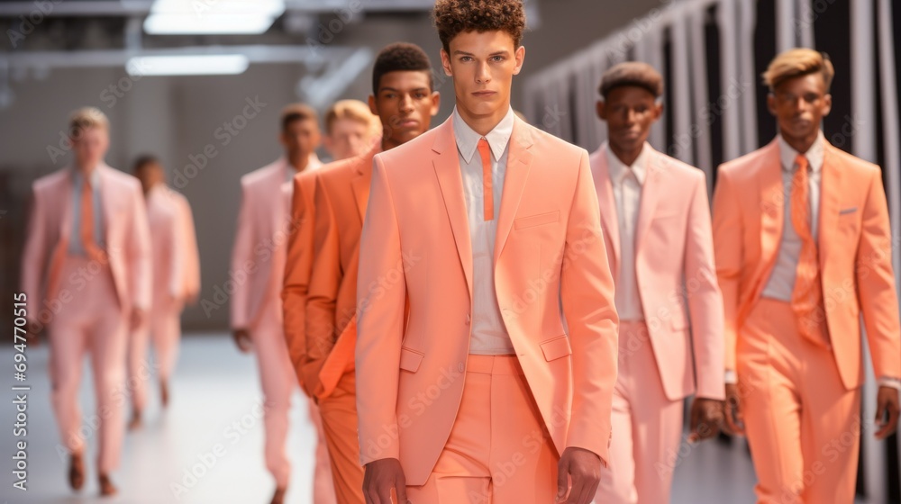 Handsome male models wearing peach suits on the catwalk in a fashion ...