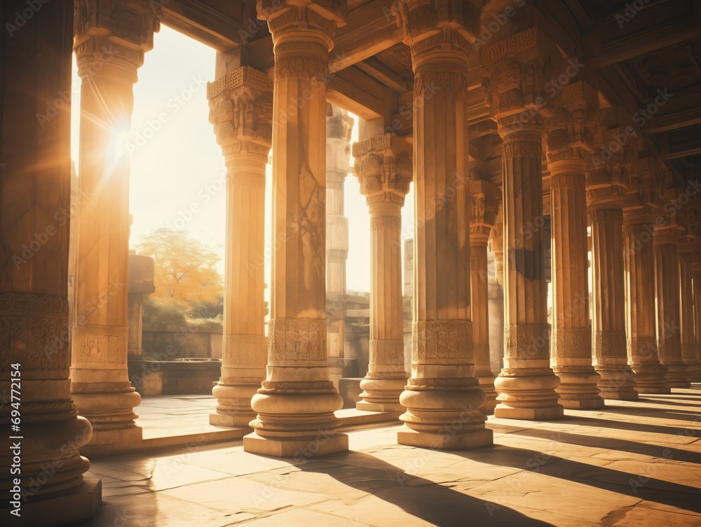 Ancient desert oasis with grand columns, intricate carvings, and ...