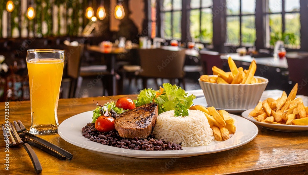 Refeição completa de prato feito com arroz, feijão, bife e salada em ...