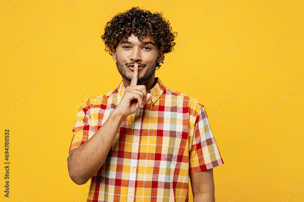 Young Secret Indian Man He Wearing Shirt Casual Clothes Say Hush Be Quiet With Finger On Lips