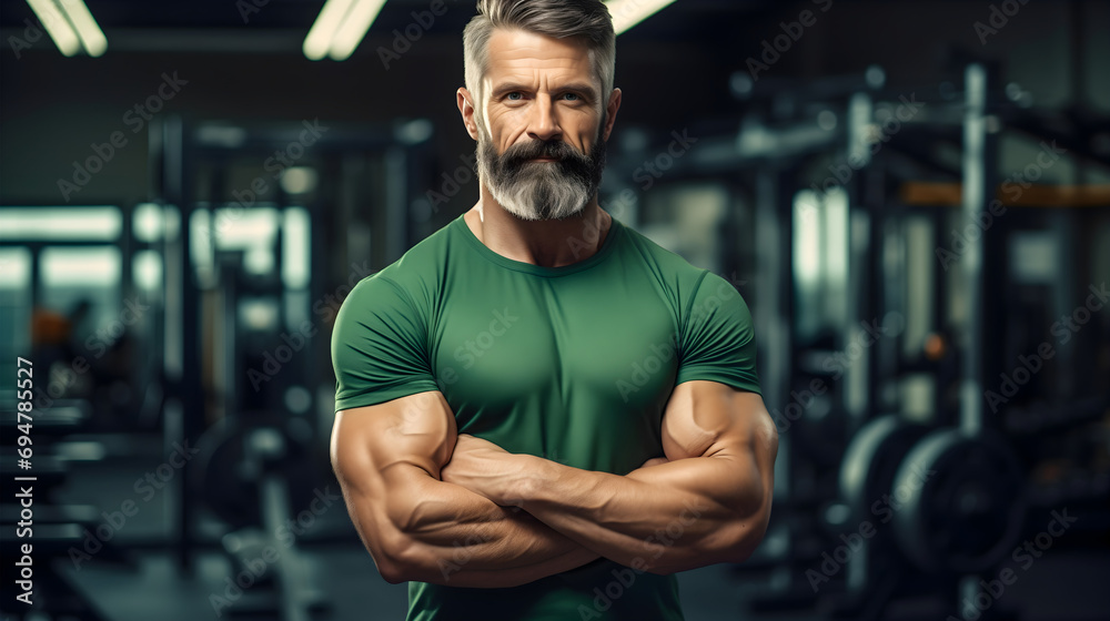 Muscular and fit handsome middle-aged fitness instructor or personal ...