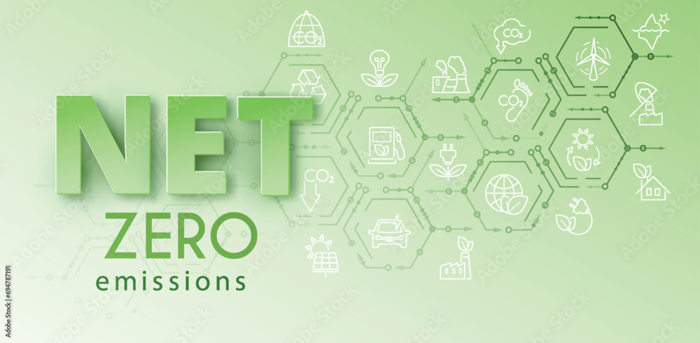 Net zero and carbon neutral concept. Hexagon banner on green background ...