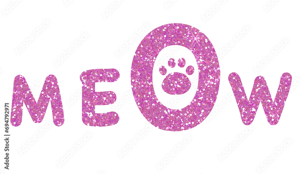 Pink glitter Meow lettering with paw on transparent background. Stock ...