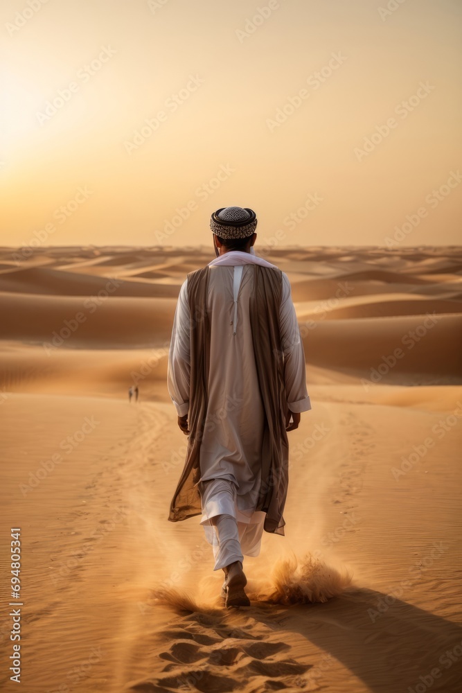 Rear view of a Muslim Arab man walking along Beautiful Sand dunes in ...