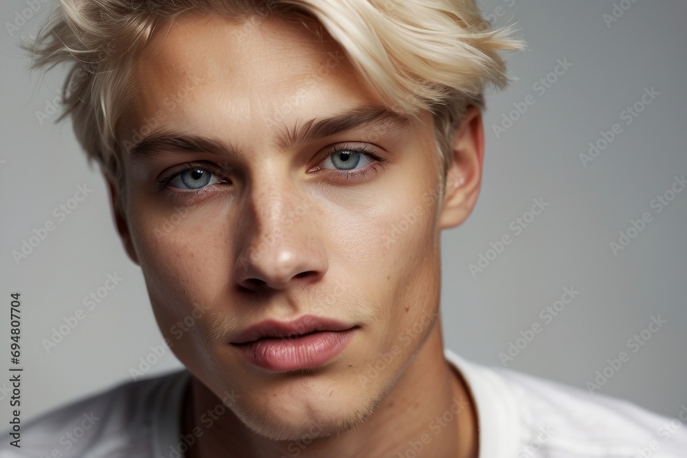 Close-up cropped portrait of the face of a handsome blond male model ...