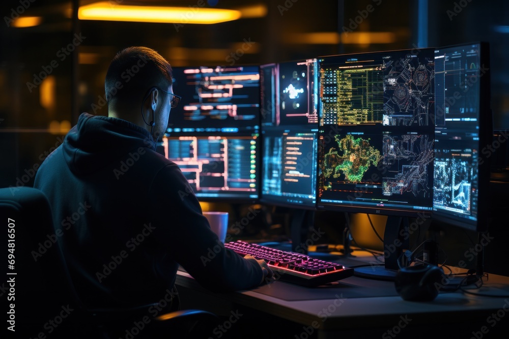 Software developer at work, typing on a mechanical keyboard, lines of code on multiple screens ...