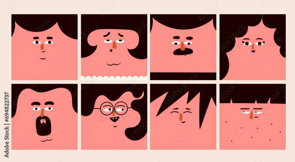 Square human portraits. Various faces, hairstyle, emotions. Cute funny ...