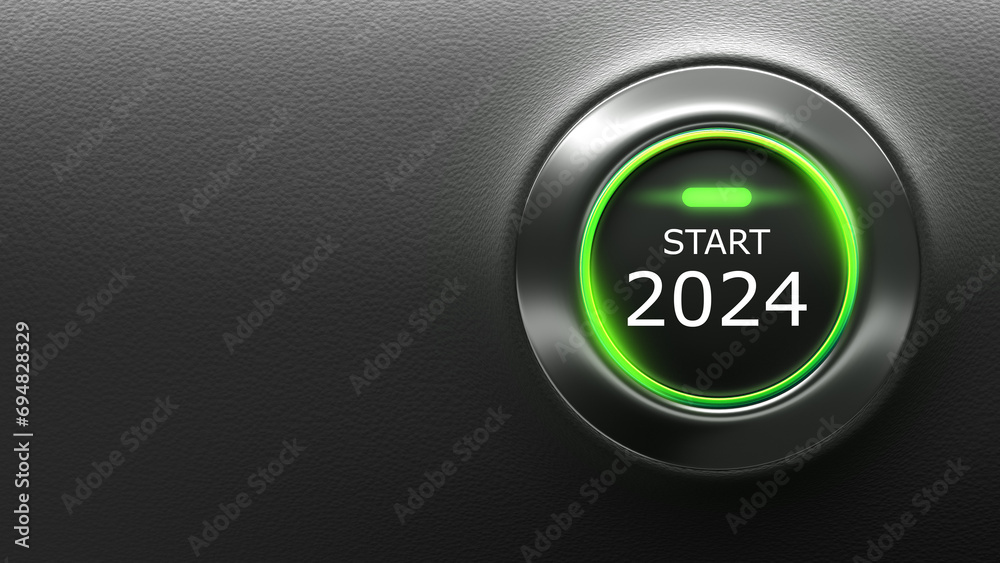 Start 2024. Round button to start new year. Inscription 2024 on panel ...