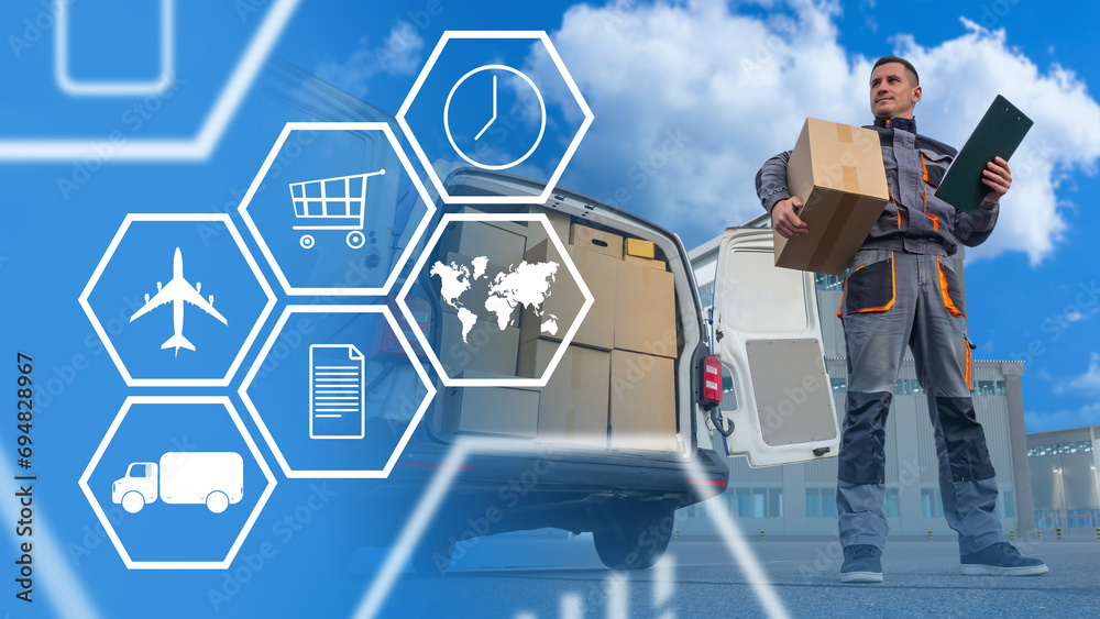 Male courier with box. Delivery service employee sits next to minivan ...