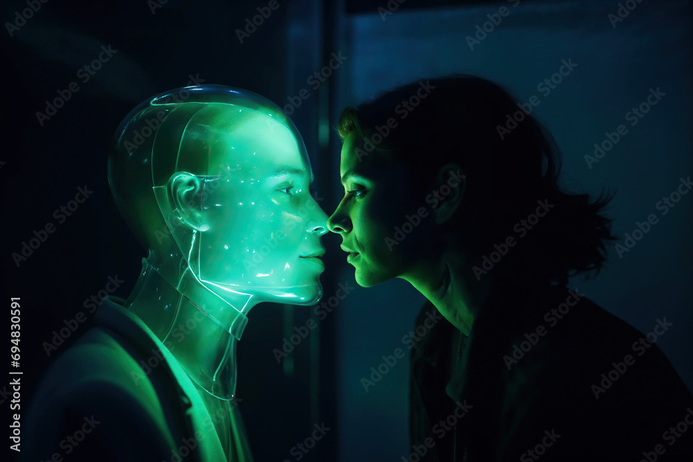 Generative Ai image of human-like robot and woman in close encounter ...