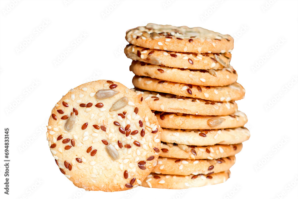 Row of round cookies with sesame, flax and sunflower seeds, isolated ...