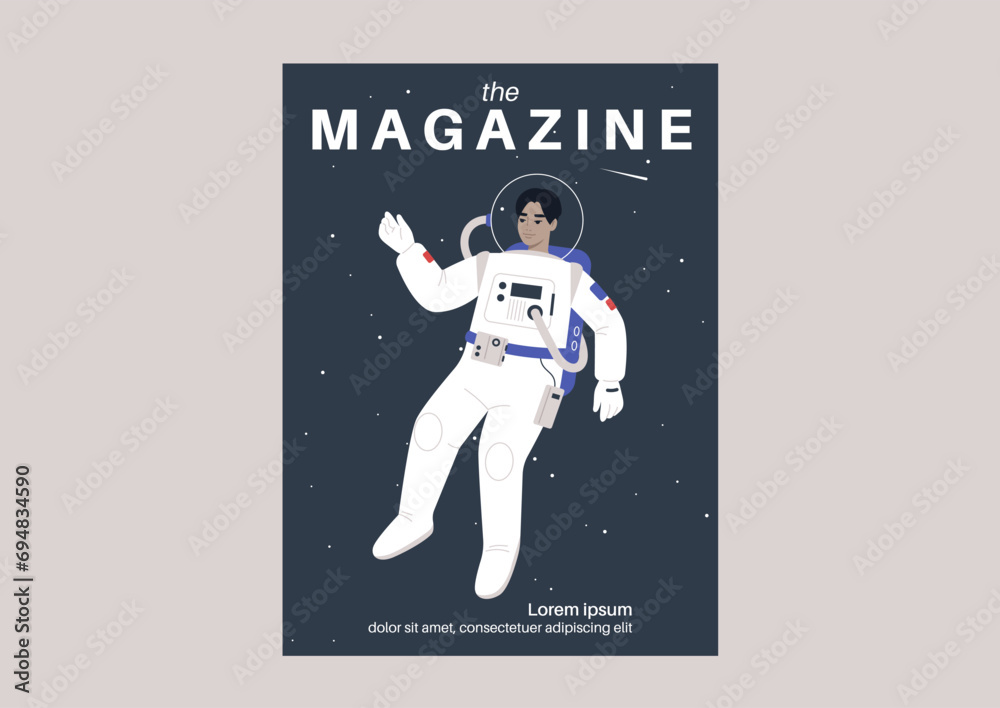 A science magazine cover with a young astronaut, adorned in a spacesuit ...