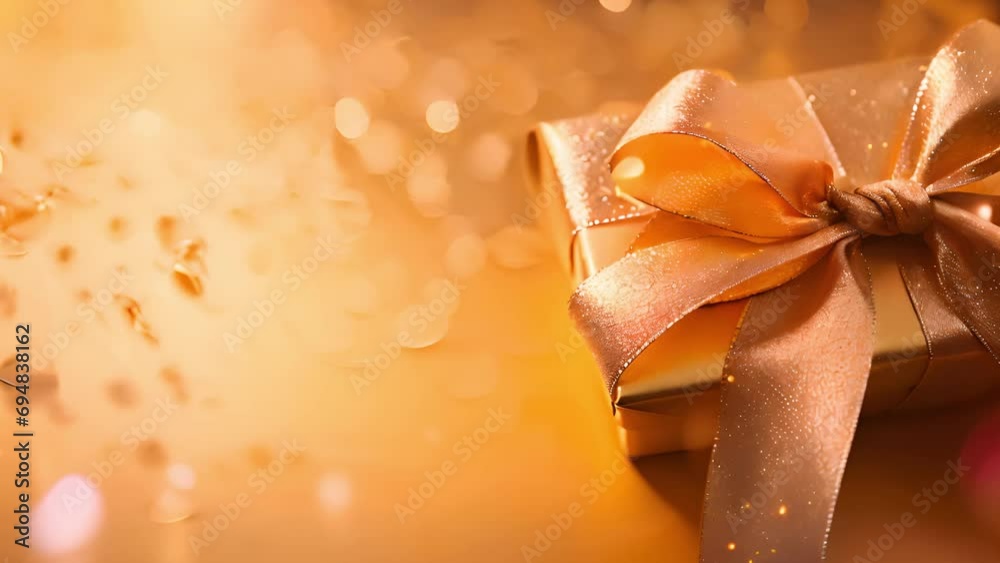 Golden gift box with bow and ribbon on Gold Glitter Background. Looping ...