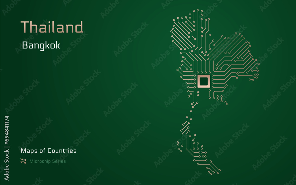 Thailand Map with a capital of Bangkok Shown in a Microchip Pattern ...