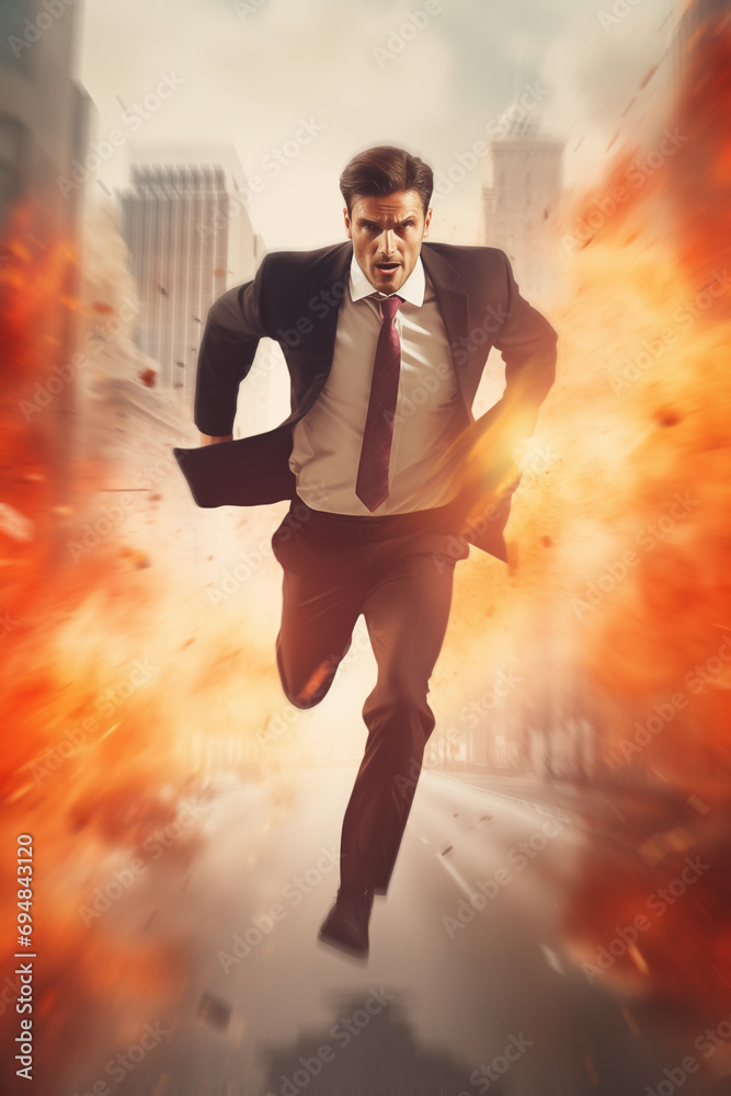 City street explosion - businessman running for his life - Businessman ...