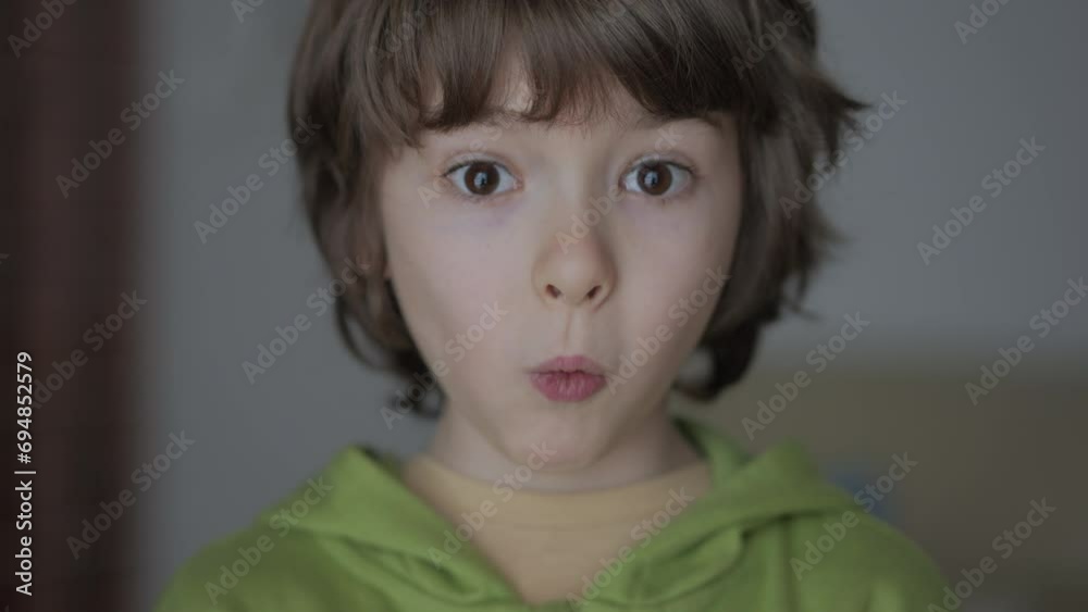 Child Looks and is Surprised Happy to Receive Surprise. Boy with Open ...