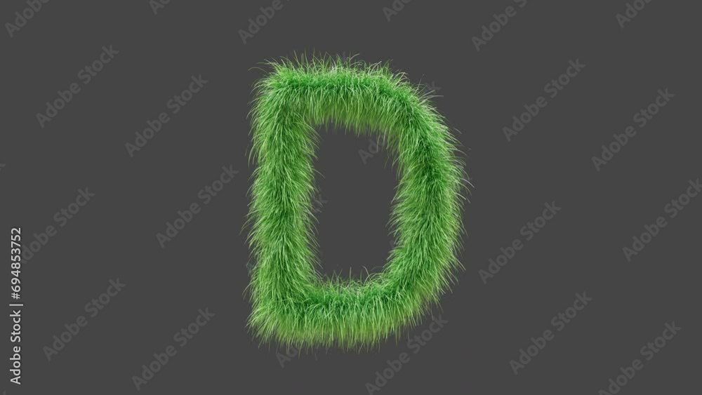 3D animation green grass letter D, isolated beautiful letter of green ...