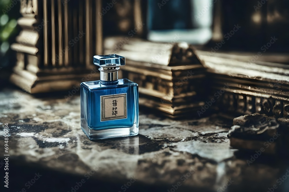 labeled blue perfume container in an ancient stone temple ruins Stock ...
