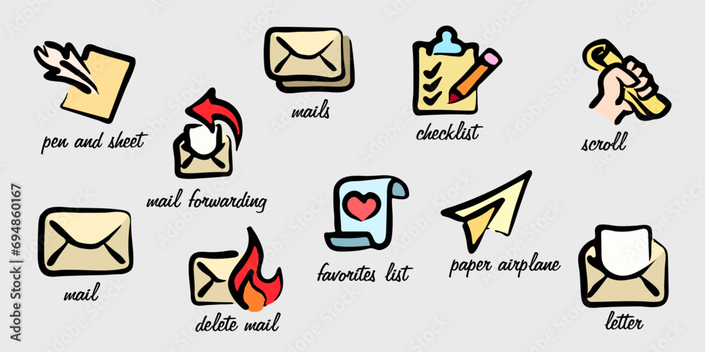 Hand-drawn mail and letter icons. Freehand symbols of mail. Educational ...