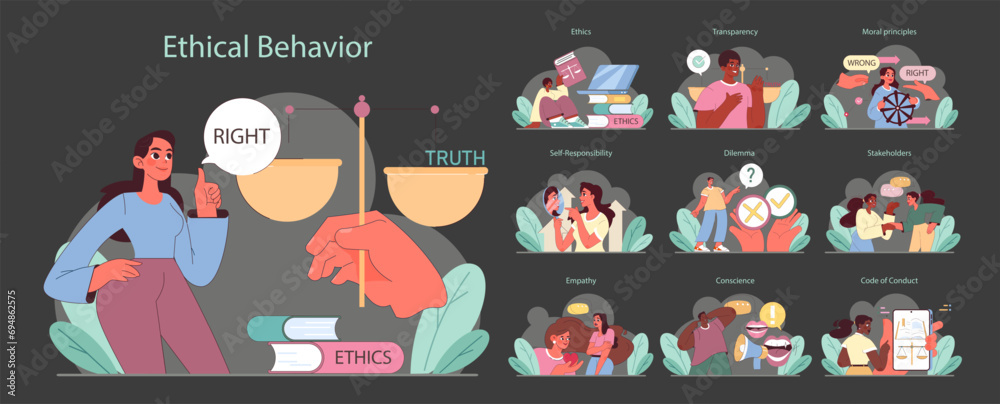 Ethical Behavior set. Balancing truth and rightness, exploring ...