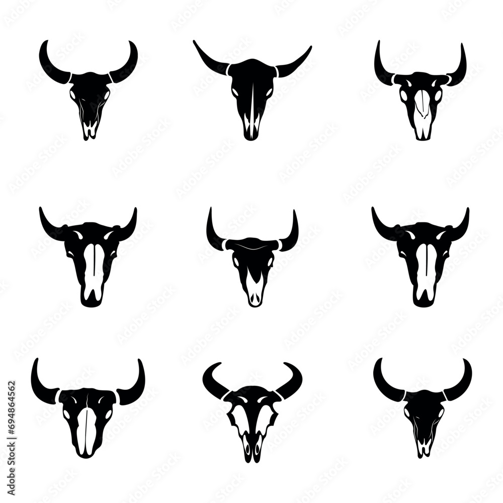 Bison Skull Vector Illustration Set With Isolated Clip Art White ...