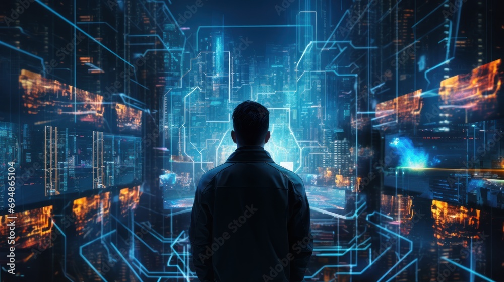 Depict a skilled cyberpunk hacker in a futuristic setting, surrounded ...