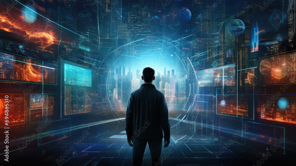 Depict a skilled cyberpunk hacker in a futuristic setting, surrounded ...