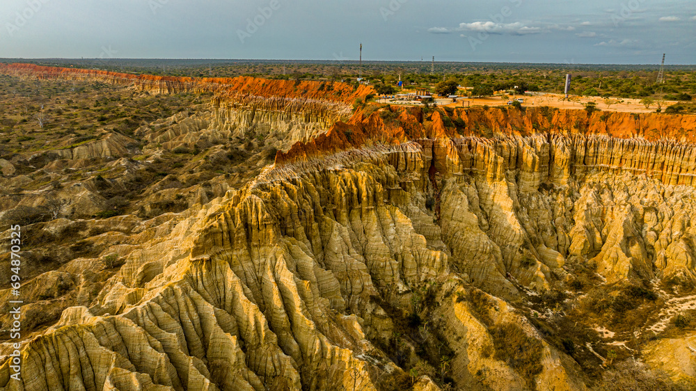 Aerial of the sandstone erosion landscape of Miradouro da Lua ...