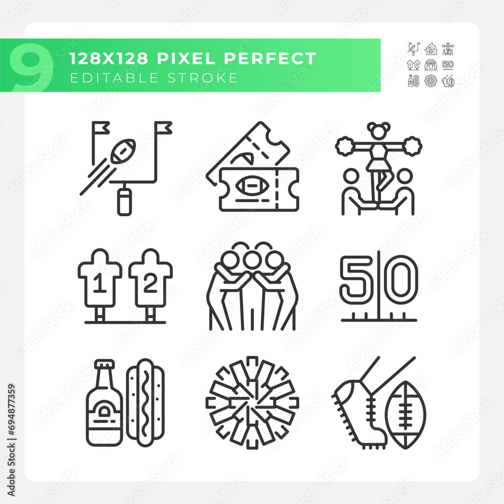 Game day linear icons set. Cheerleading. Goal and kickoff. Team spirit ...