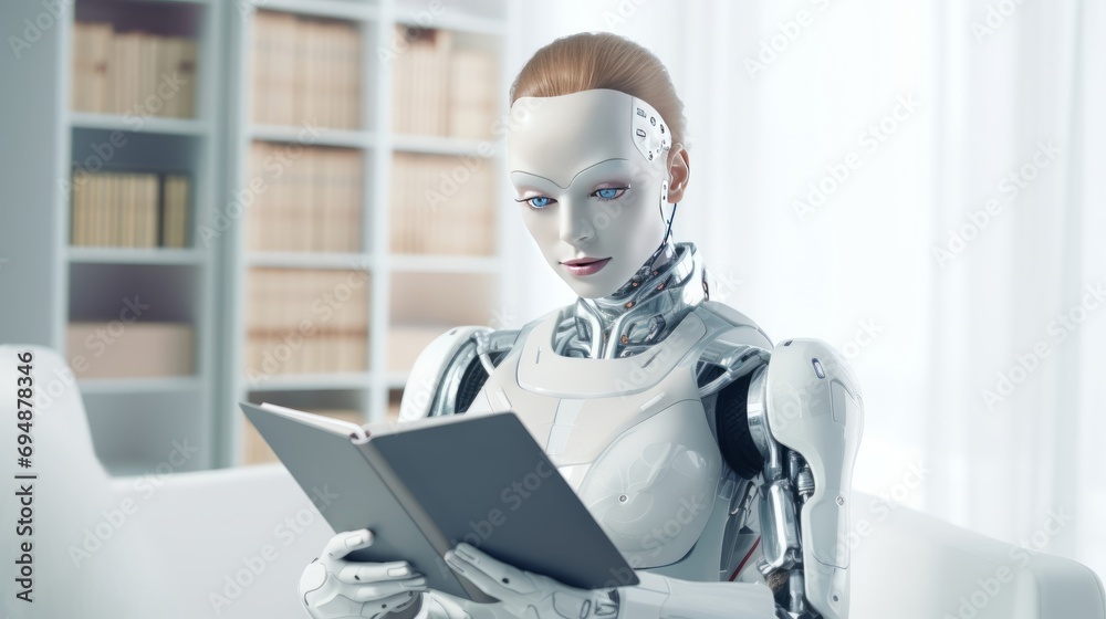 Education of intellectual robot reading book, futuristic robotic ...