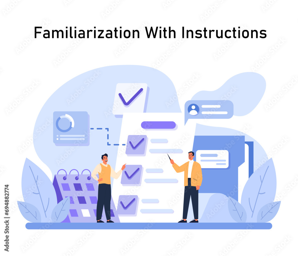 Familiarization With Instructions concept. Employees interact with a ...