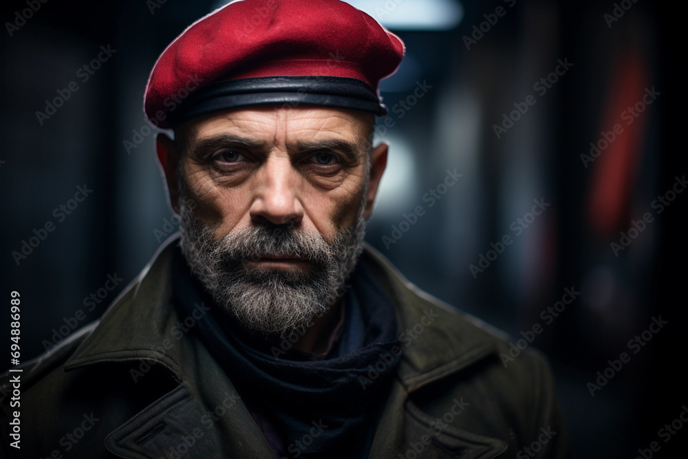 Revolutionary leader's portrait, urban decay background, intense eyes ...
