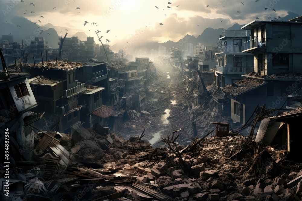 Destroyed city after earthquake. Dramatic scene of the fuming city and ...