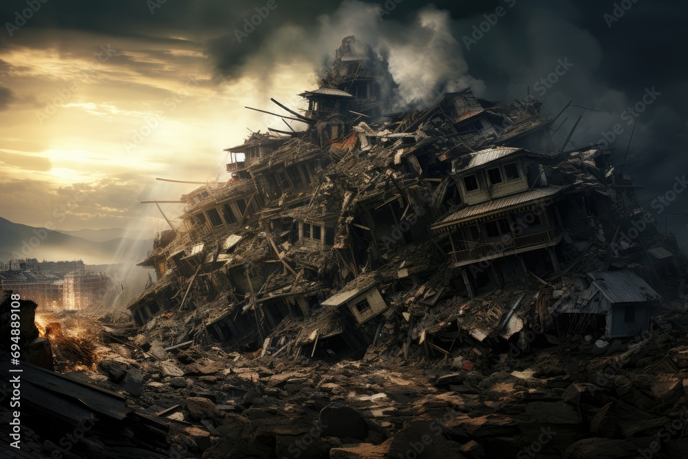Destroyed city after earthquake. Dramatic scene of the fuming city and ...