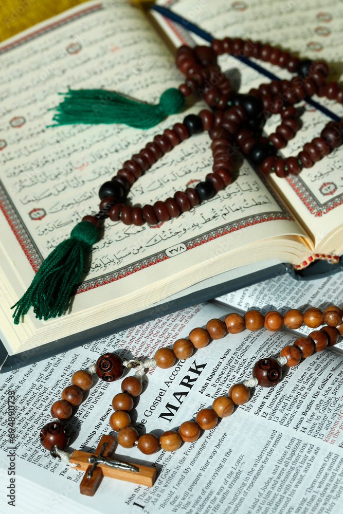 Bible, Quran, Crucifix and Prayer Beads, interfaith symbols of ...