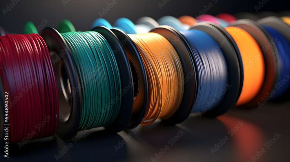 Colorful thread spools for 3D printing. Coils of different colored ...