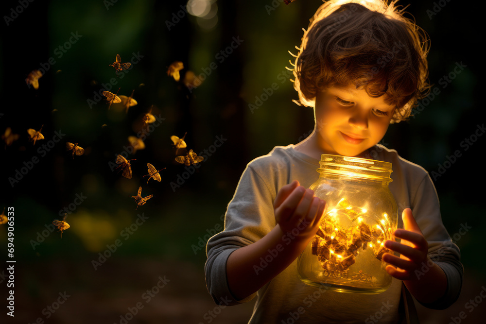 Childhood wonder, a child holding a jar filled with fireflies ...