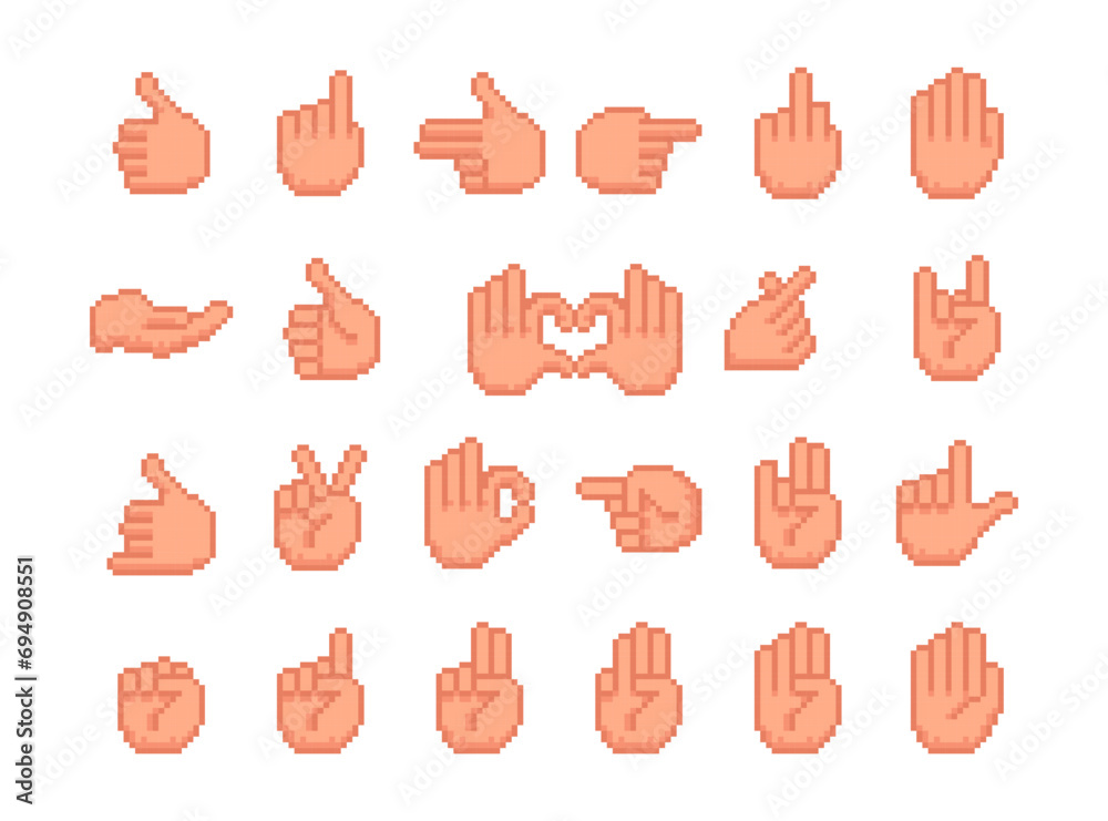 8 bit pixel art hand icons, pixel hands gestures icons set. Game art ...
