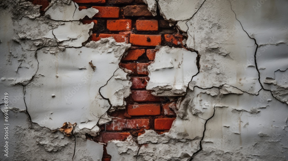 Destroyed, cracked white wall. Falling off plaster, a gap in the wall ...