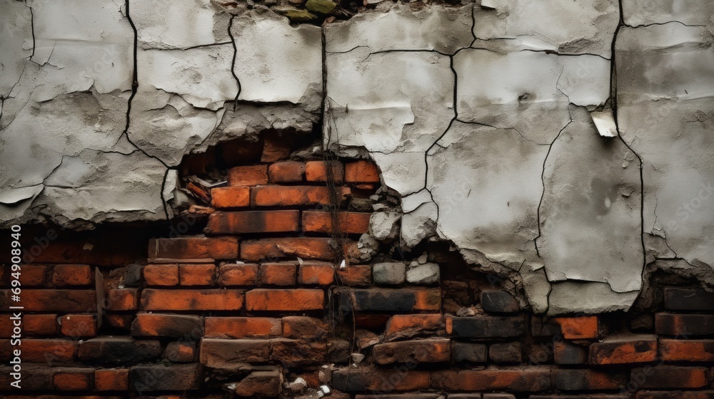Destroyed, cracked white wall. Falling off plaster, a gap in the wall ...