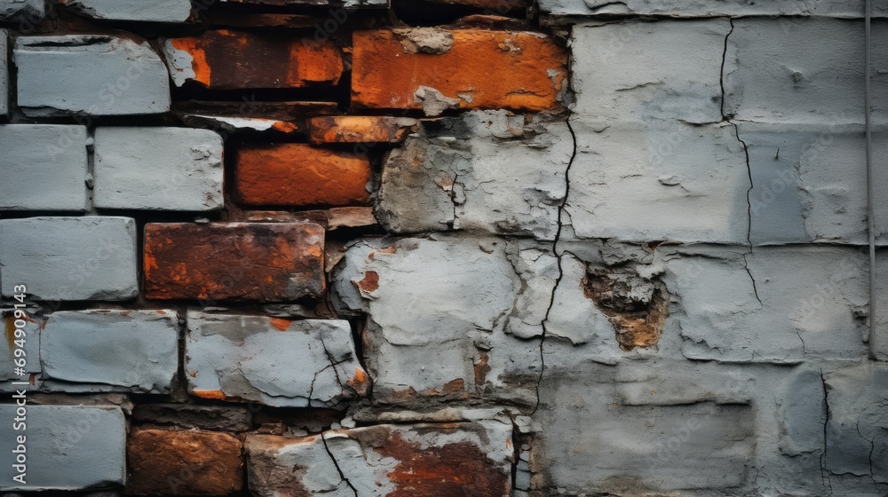 Destroyed, cracked white wall. Falling off plaster, a gap in the wall ...