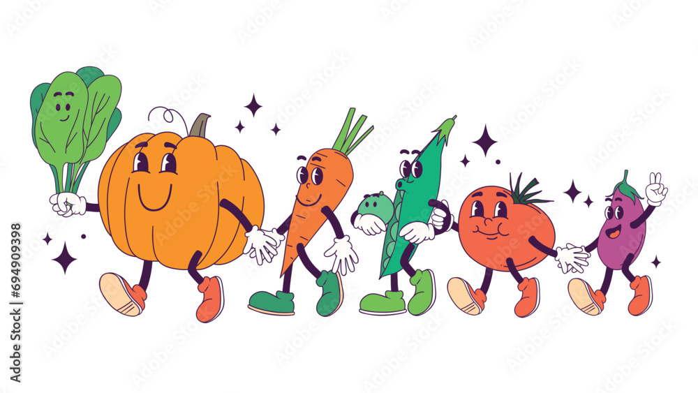 Vector cartoon illustration of veggies mascots. Smiling vegetarian ...