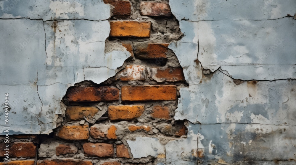 Destroyed, cracked white wall. Falling off plaster, a gap in the wall ...