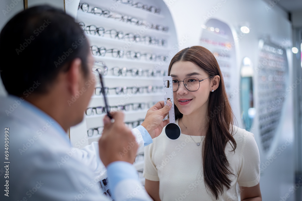 Woman optical shop customer doing eyesight measurement with optical ...