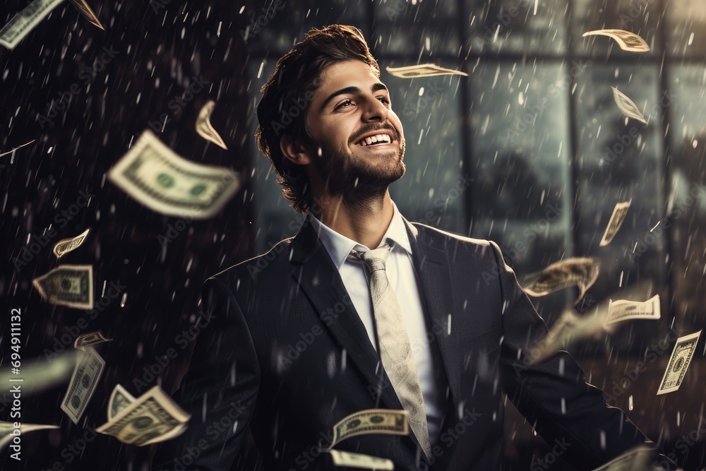 Man standing under money rain. A lot of money bank notes falling on man ...