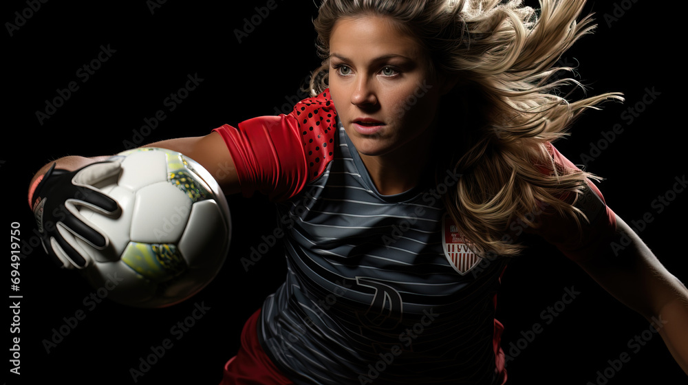 Intense moment as a female soccer goalkeeper in uniform dives to make a ...