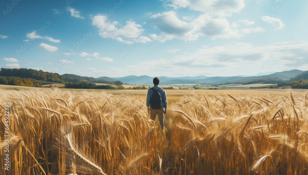 Scenery behind alone one man stand in the middle of barley field ...