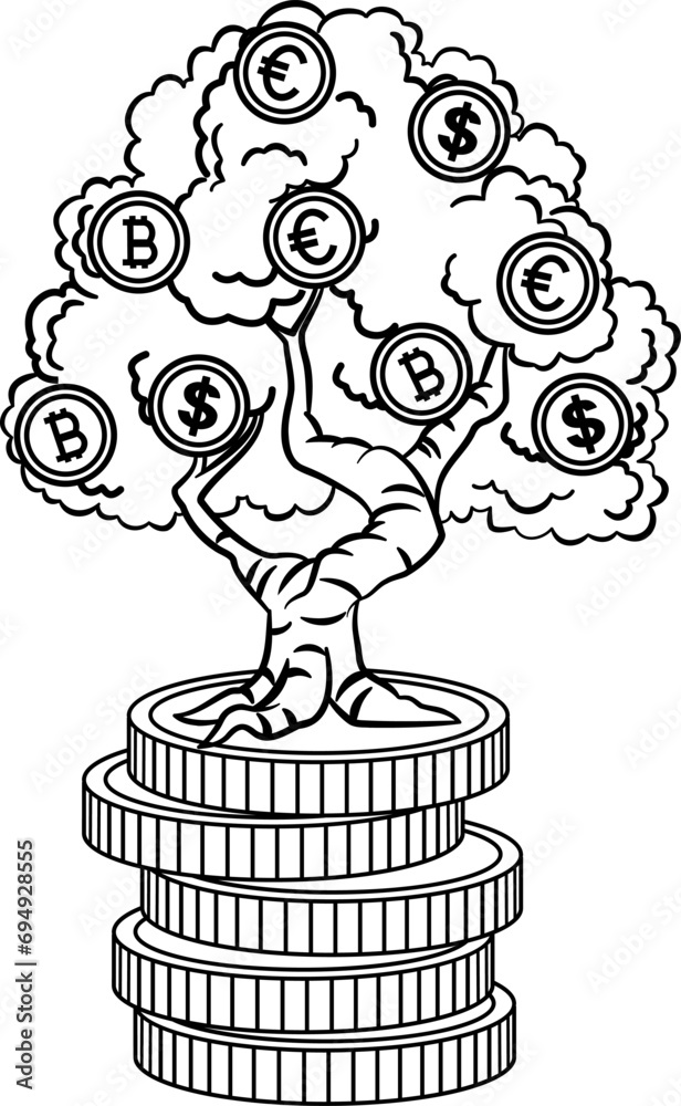 Money Tree with Coins for Coloring Page. Increase of Capital and Growth ...